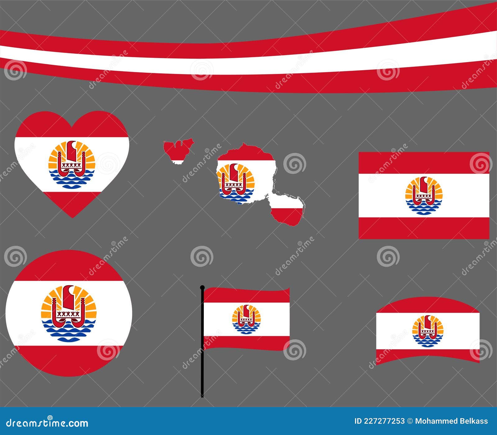 French Polynesia Flag Map Ribbon and Heart Icons Vector Illustration ...