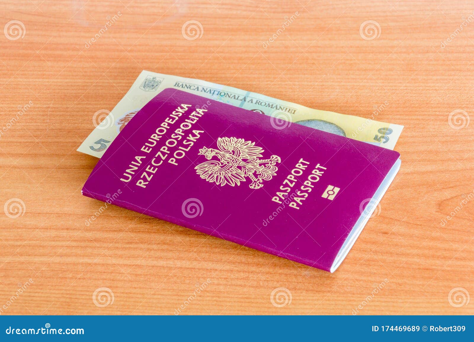 Polish Biometric Passport with 50 Romanian Lei Banknote RON Stock Image ...