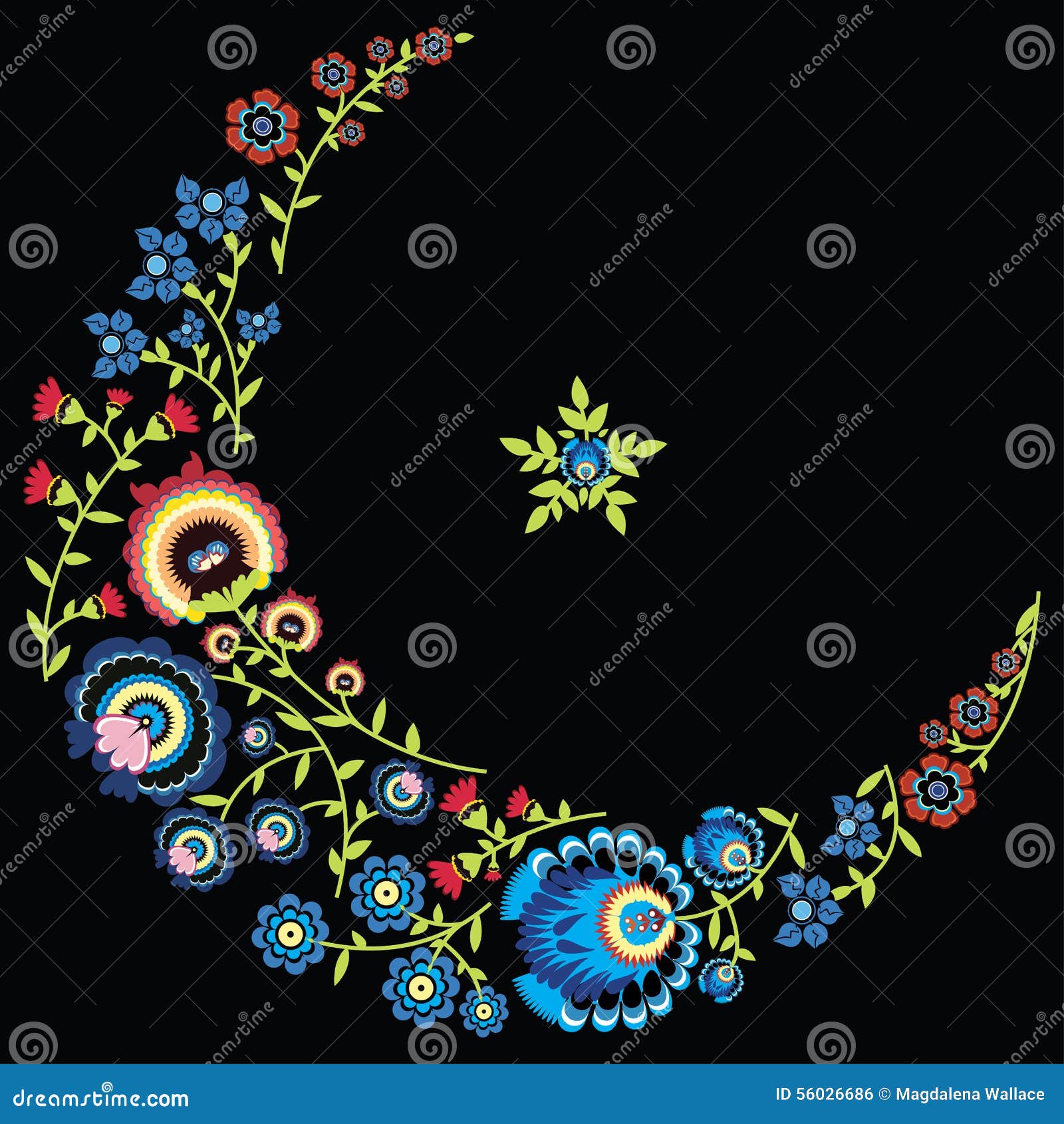 Polish Folk Floral Pattern in Moon and Star Shape on Black Background ...