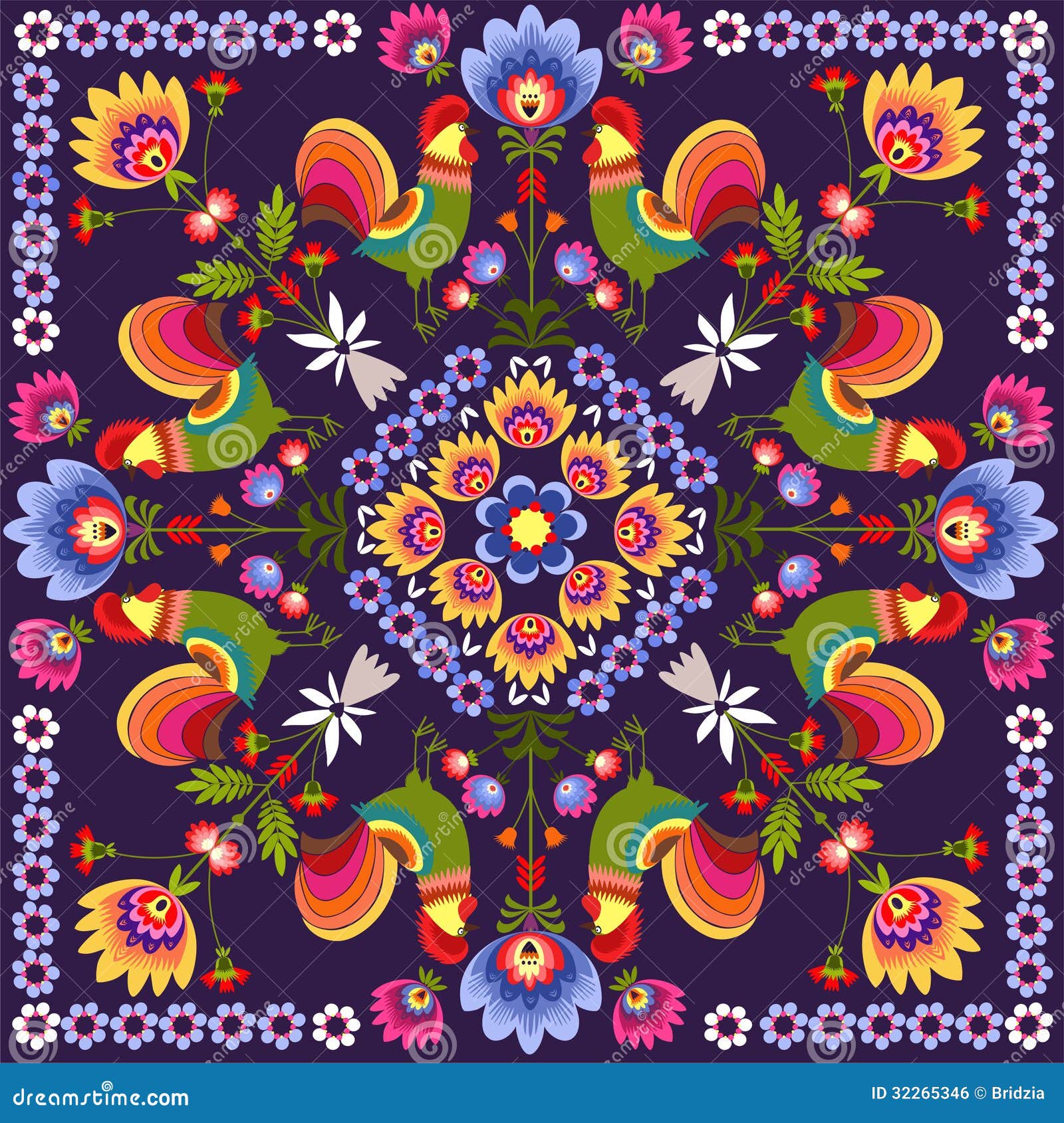 Polish Traditional Folk Art Pattern In Circle With Roosters - Wzory ...