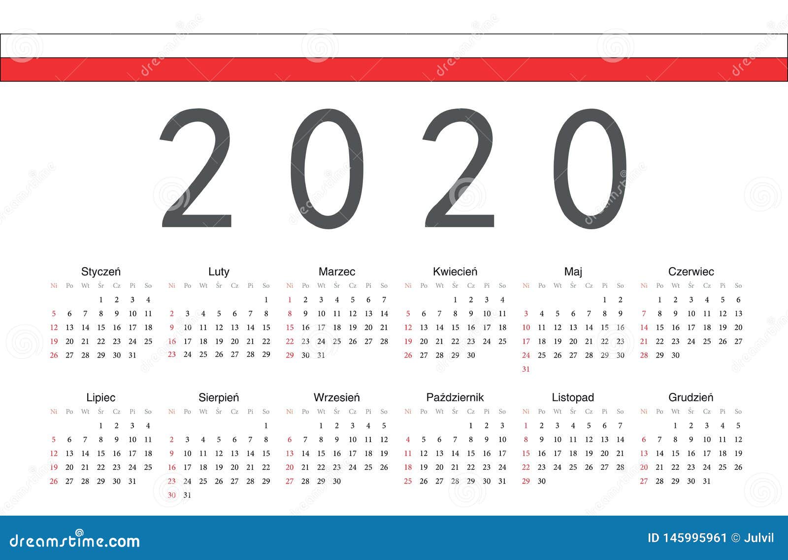 Polish 2020 Year Vector Calendar Stock Vector - Illustration of 2020 ...