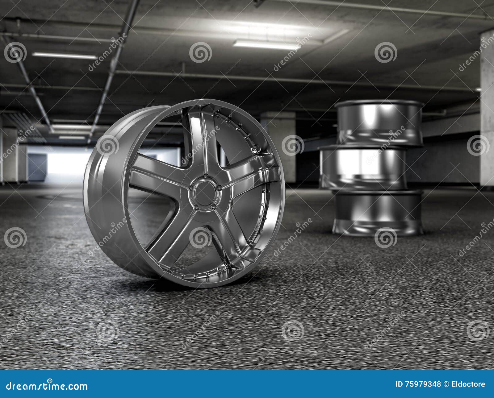 Polished Chrome Rim Wheels in Garage Stock Illustration - Illustration ...