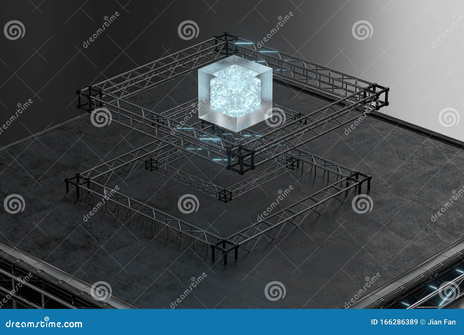 Polished Metal Frame, a Transparent Suspended Cube, 3d Rendering Stock ...