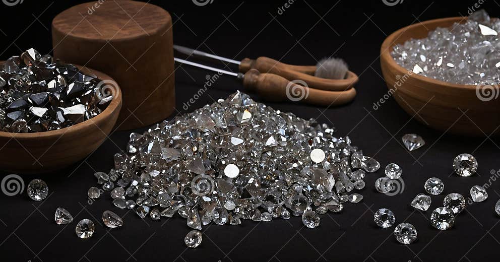 Polished and Rough Diamonds Large Sizes on Table with Tools for Sorting ...
