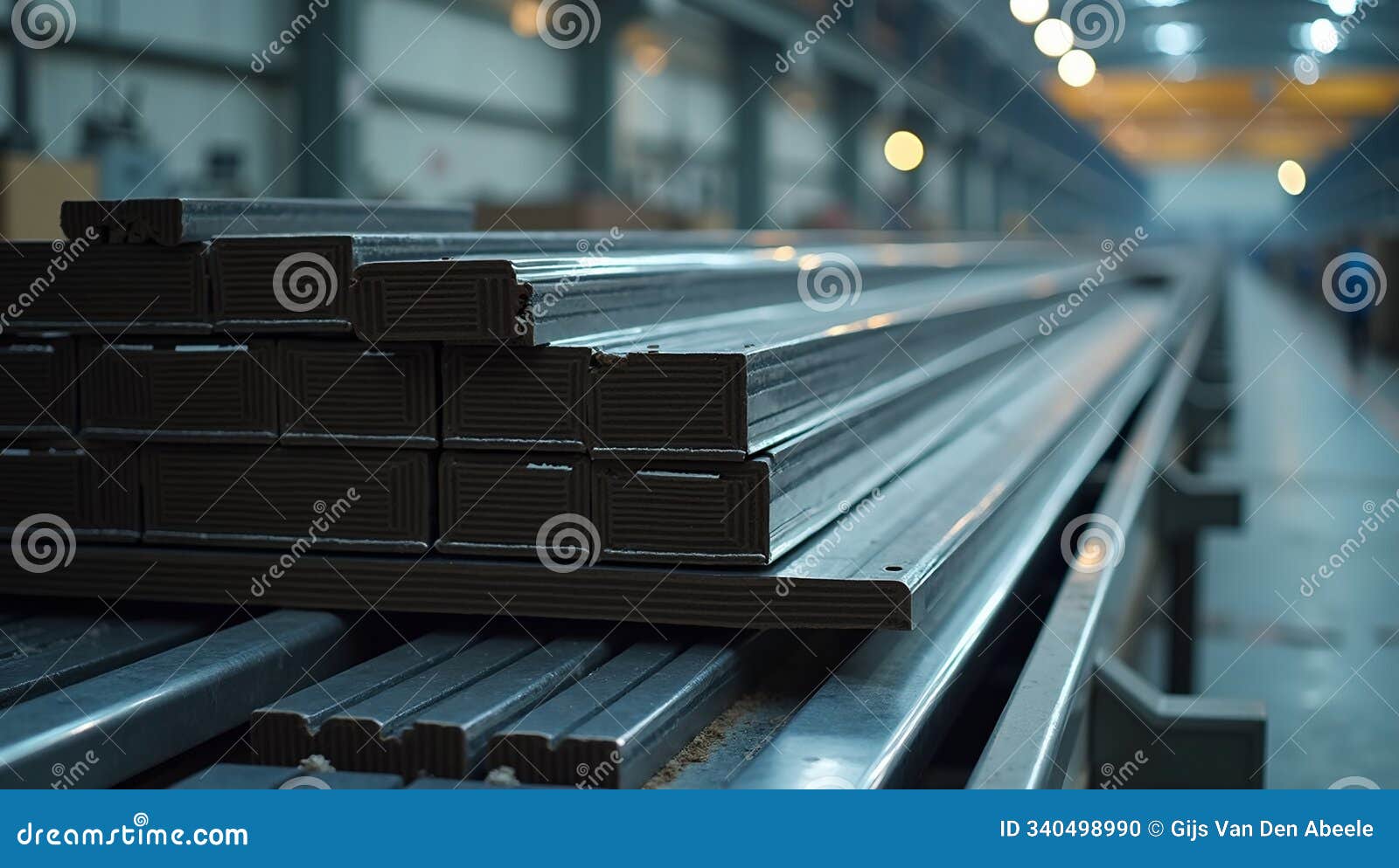 Polished Steel Beams on Conveyor Belt in Industrial Setting Stock ...