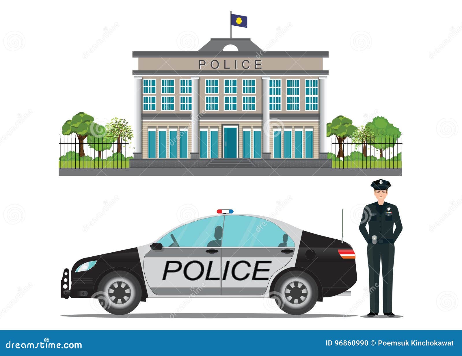 Polisstation Med Polisen Och Polisbilen Vektor Illustrationer ...