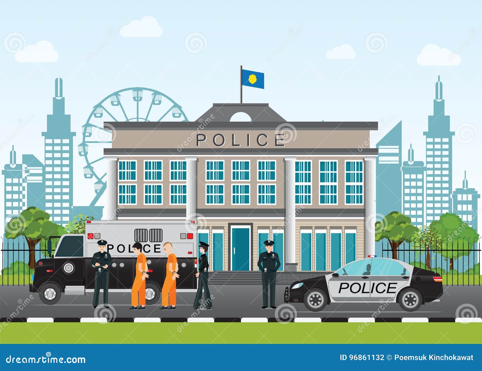 Polisstation Med Polisen Och Polisbilen Vektor Illustrationer ...