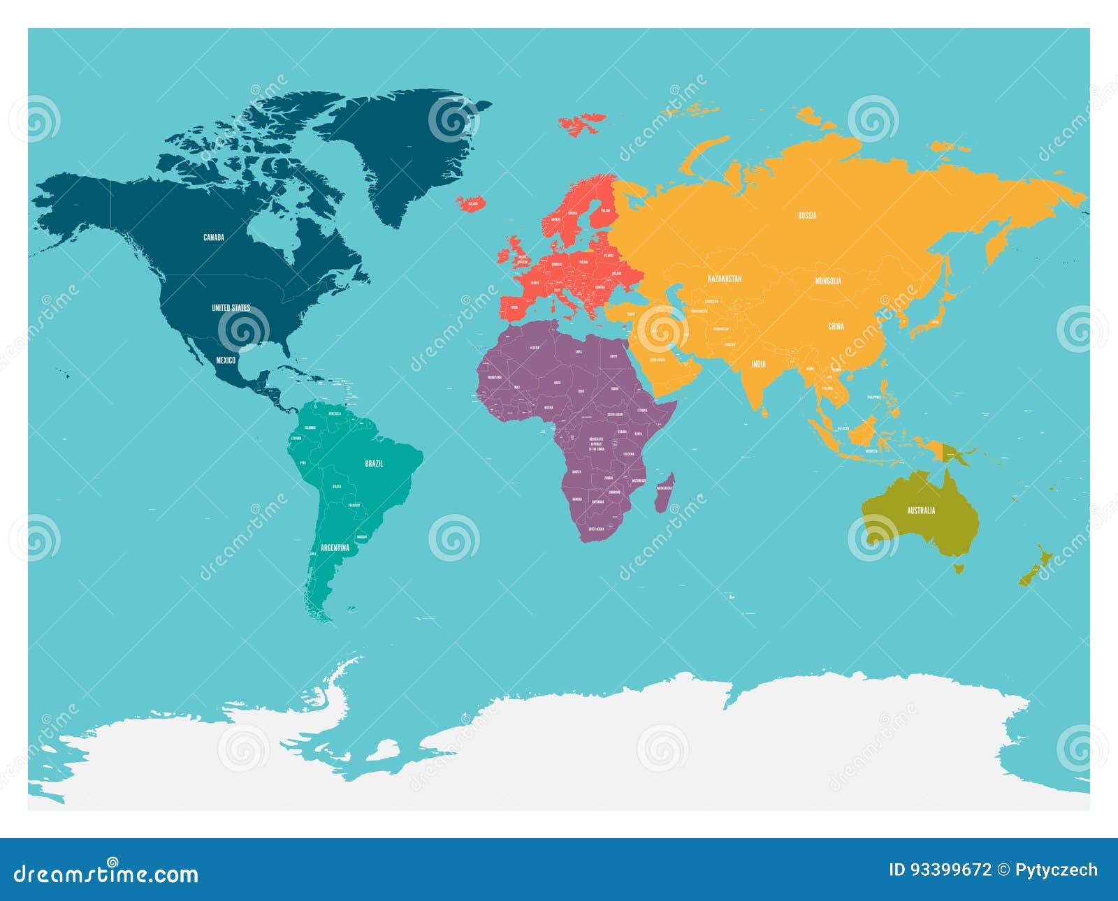 Political Map Of World With Antarctica. Continents In Different Colors ... Political Map Of World With Antarctica. Continents In Different Colors ...