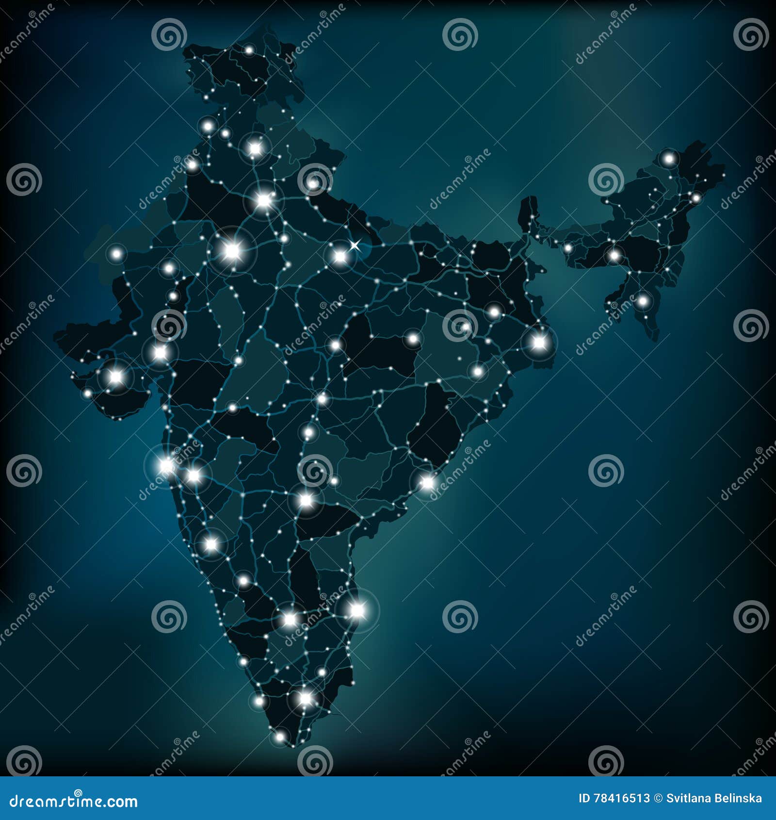 Political Night Map of India with Lights Stock Vector - Illustration of ...