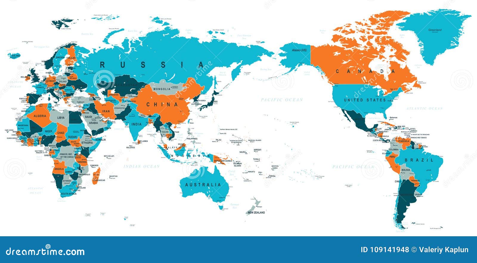 Political World Map Pacific Centered Stock Illustration - Illustration ...