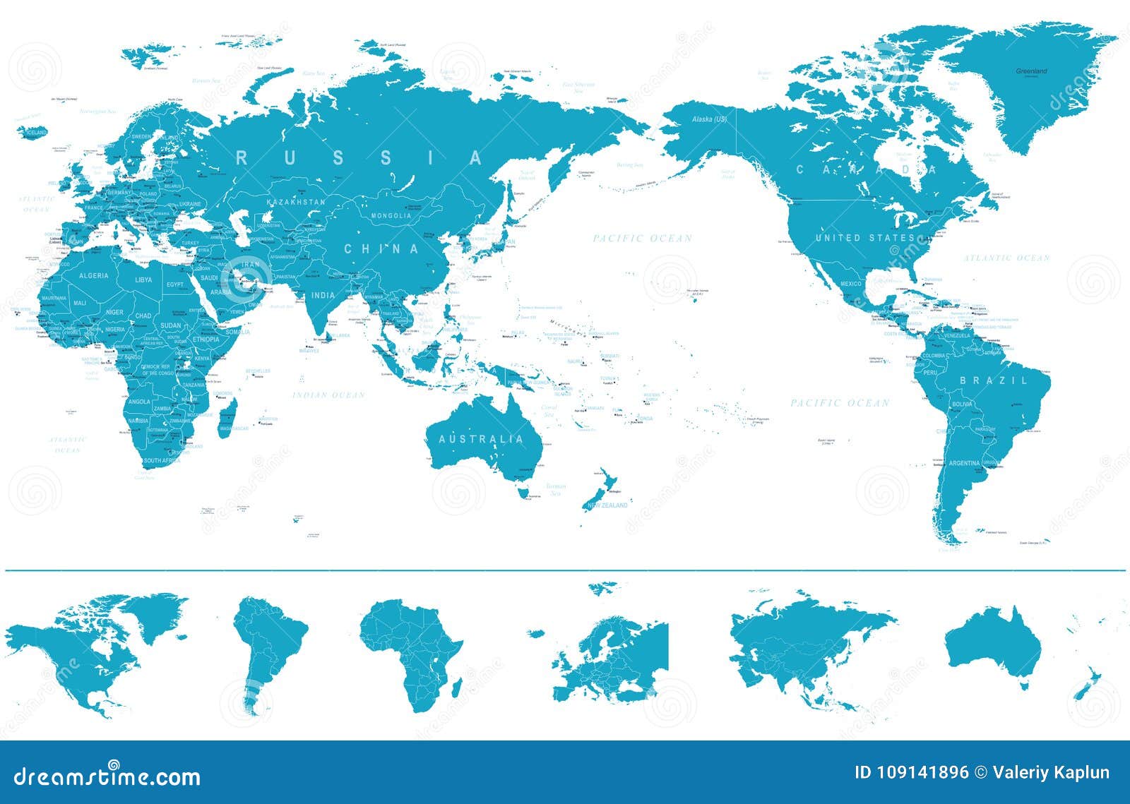 Political World Map Pacific Centered and Continents Stock Illustration ...
