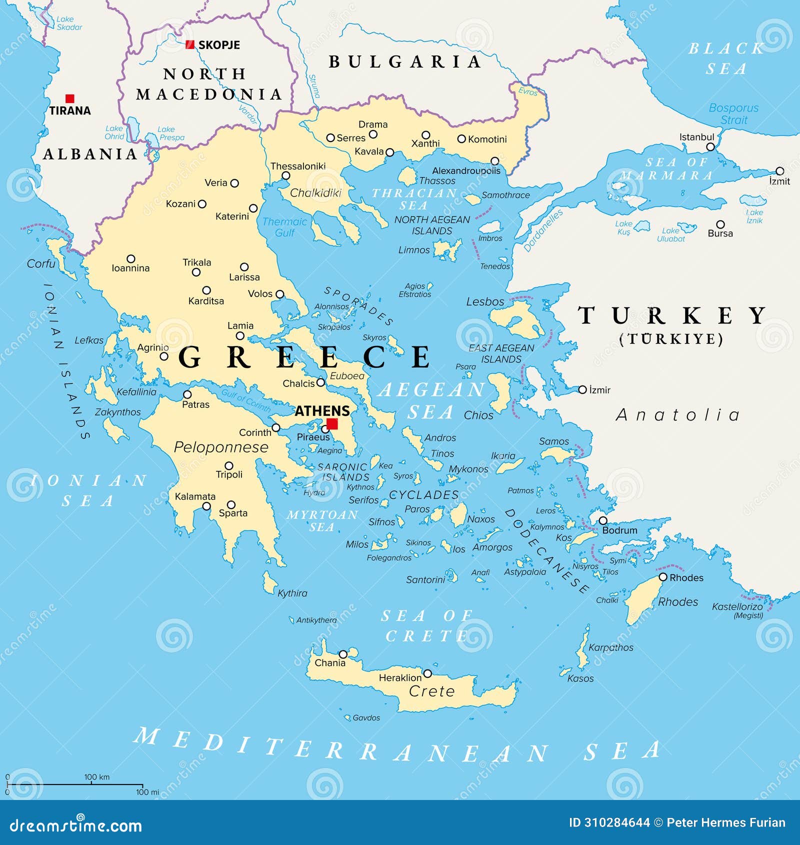 Greece, the Hellenic Republic, with Capital Athens, Political Map Stock ...