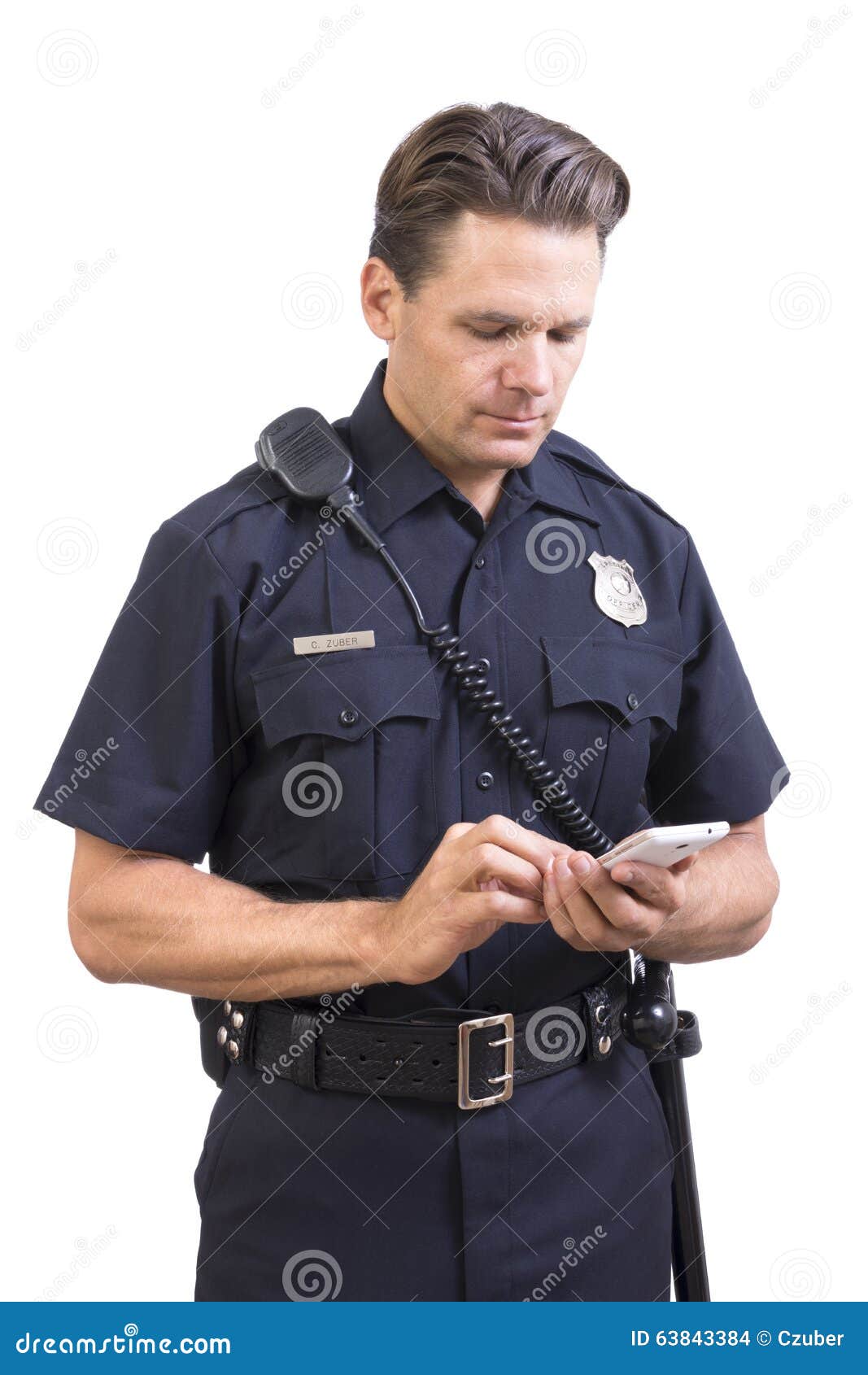 Politieman Die Celtelefoon Met Behulp Van Stock Foto - Image of ...