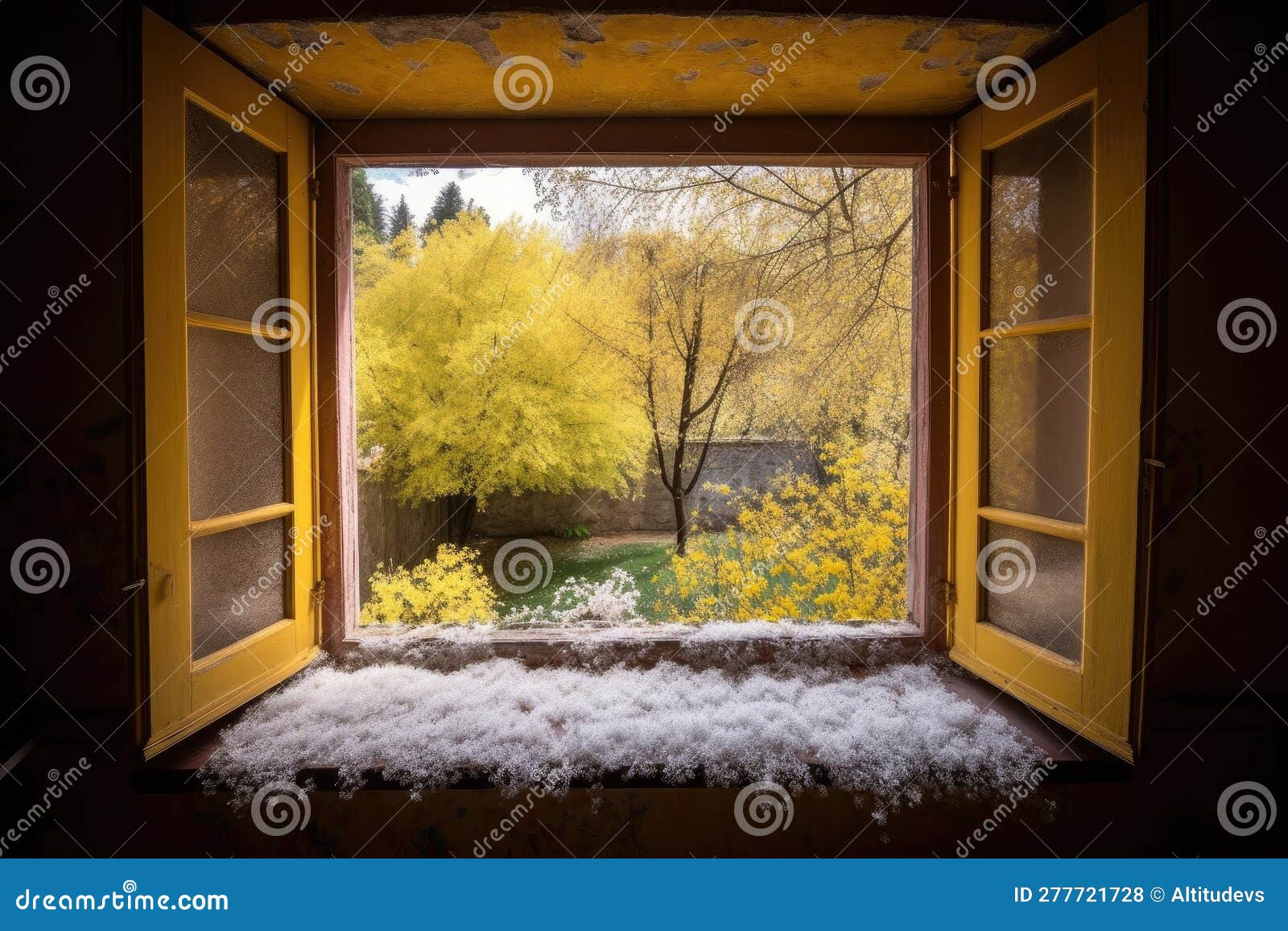 Pollen-covered Window, with View of the Outdoors and Blooming Trees ...