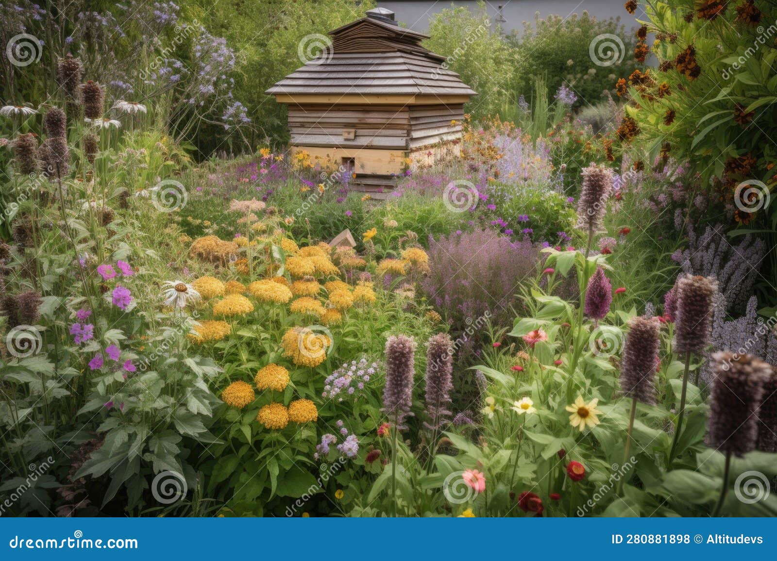 Pollinator Garden with Beehive, Surrounded by Flowering Plants Stock ...