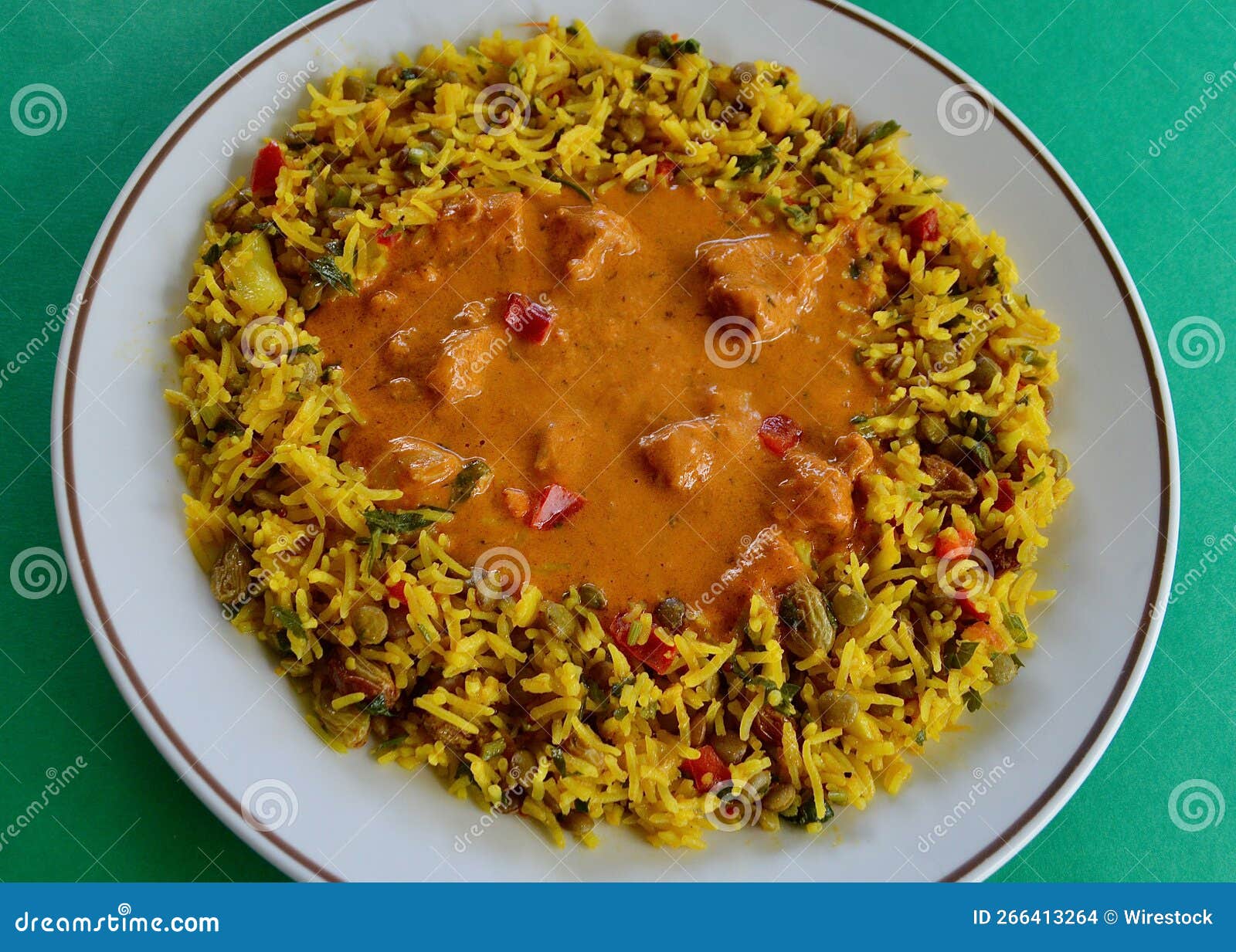 Pollo Al Burro Con Zafferano Di Riso E Lenticchie Fotografia Stock ...