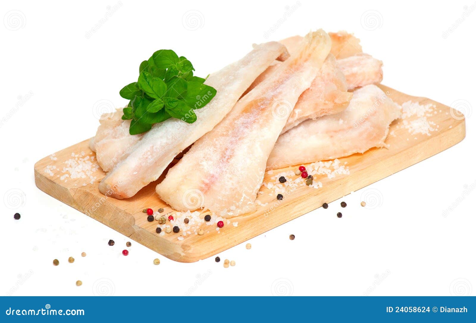 Pollock (pallock) and Spices on Wooden Board Isolated Stock Photo ...