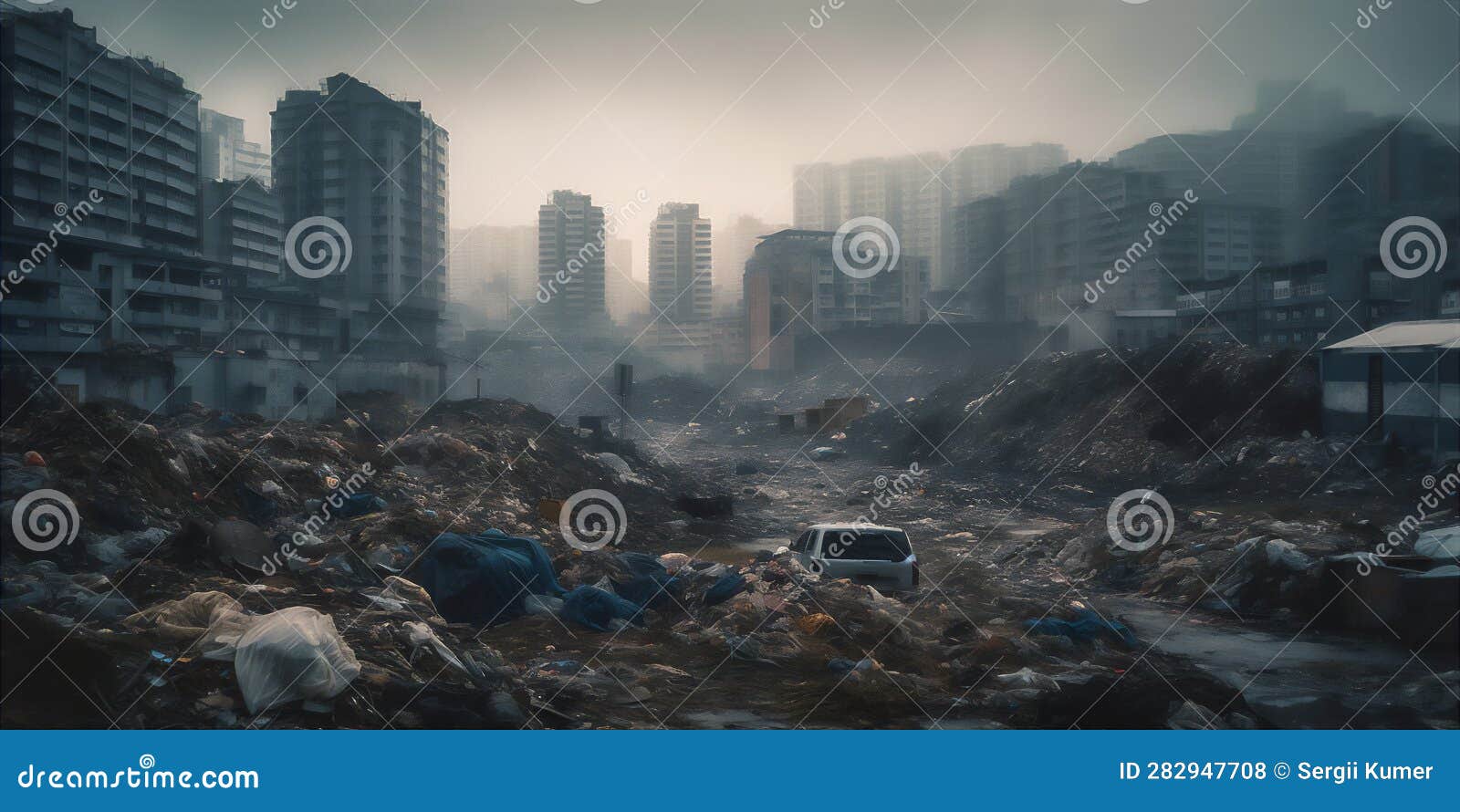 Polluted Cityscape Buried in Heaps of Garbage and Debris. Visual ...
