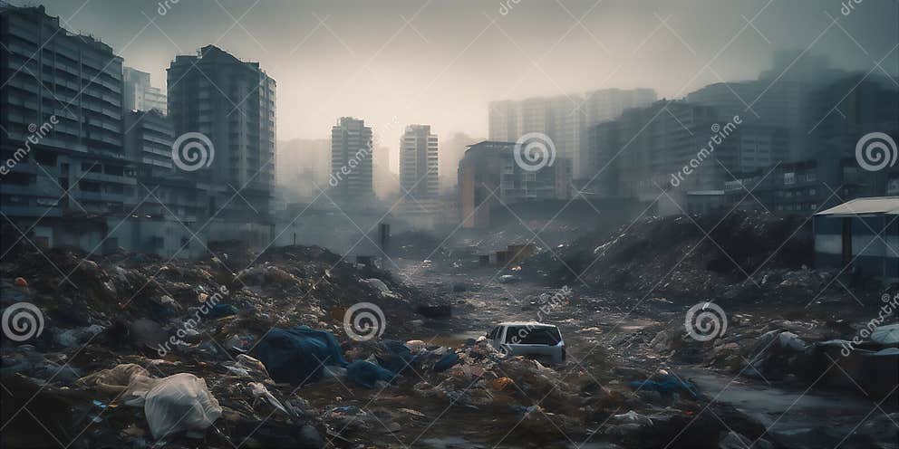 Polluted Cityscape Buried in Heaps of Garbage and Debris. Visual ...