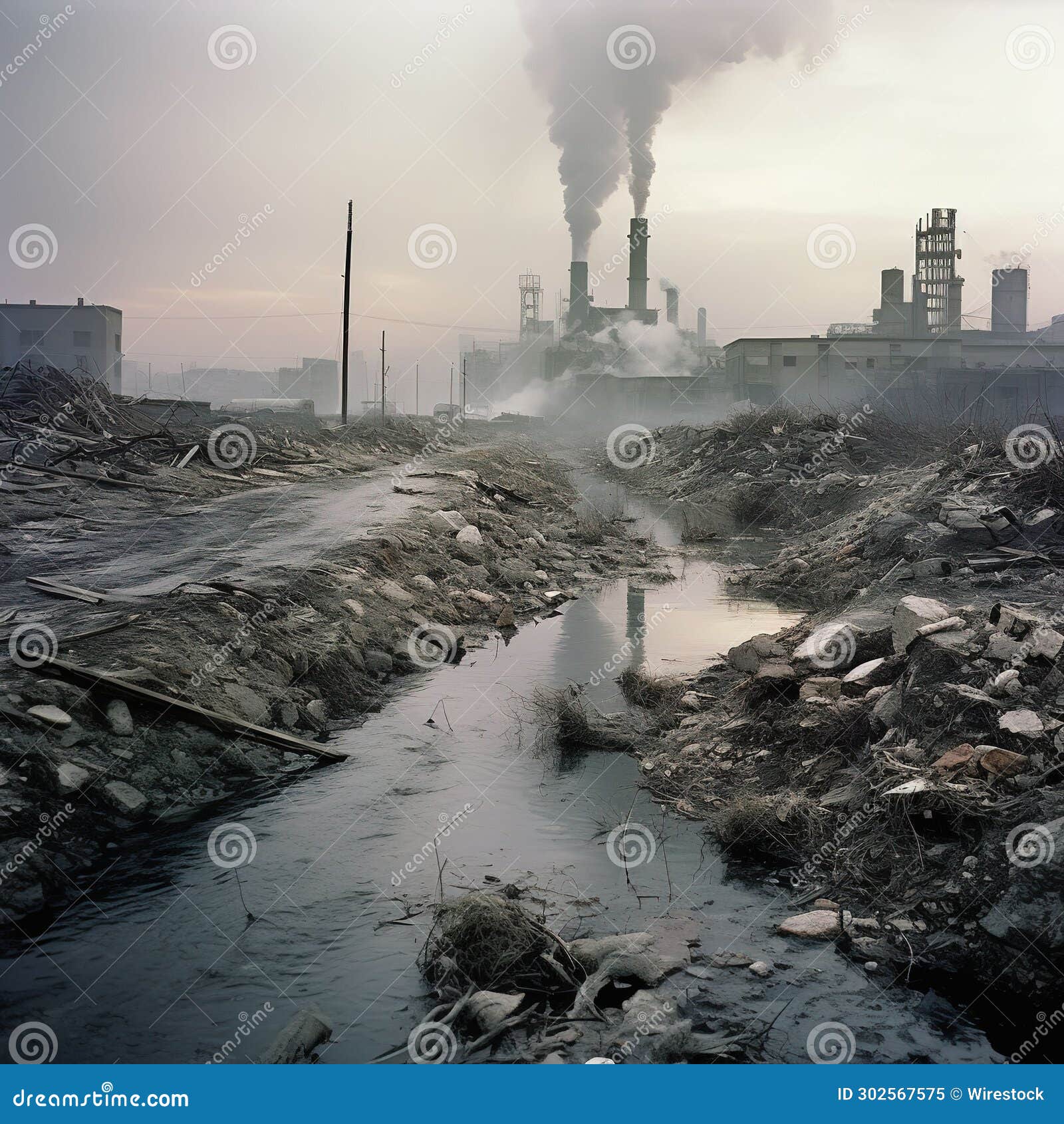 Polluted Environment Featuring Dirty Water, Debris, and Industrial ...