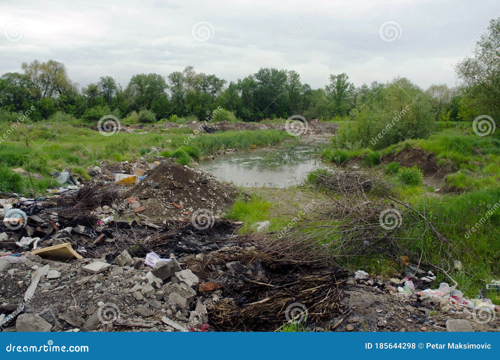 Polluted Field with Illegal Trash Dump Stock Photo - Image of pond ...
