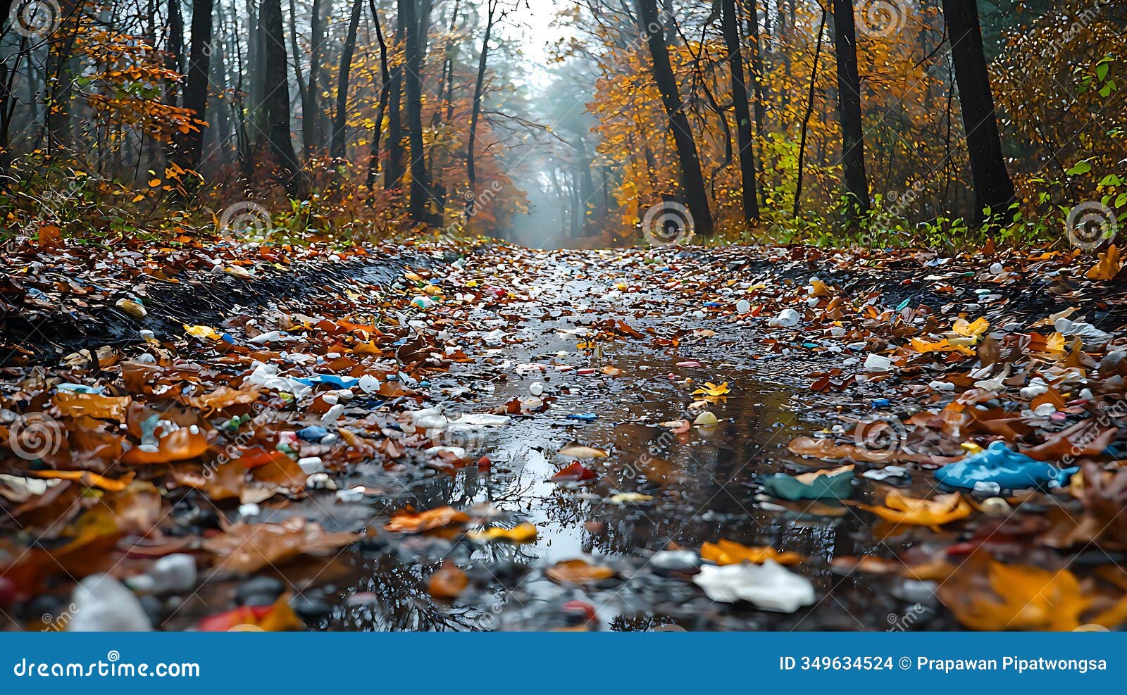 Polluted Forest Path with Fallen Leaves and Microplastics Scattered ...