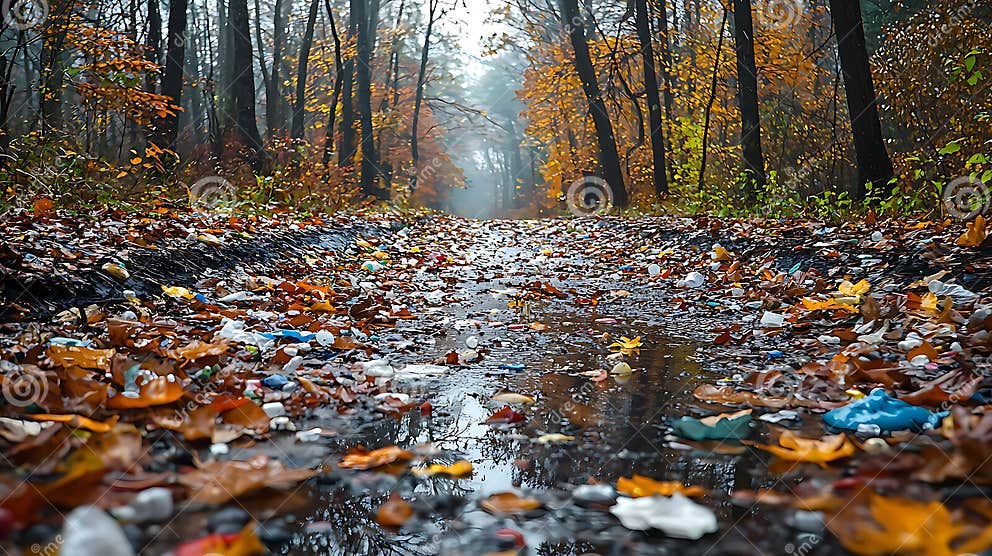 Polluted Forest Path with Fallen Leaves and Microplastics Scattered ...