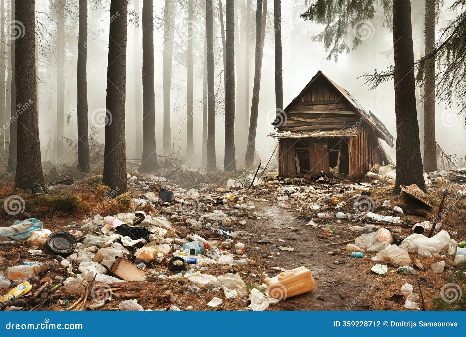 Polluted Forest with Scattered Garbage, Plastic Waste, and Abandoned ...