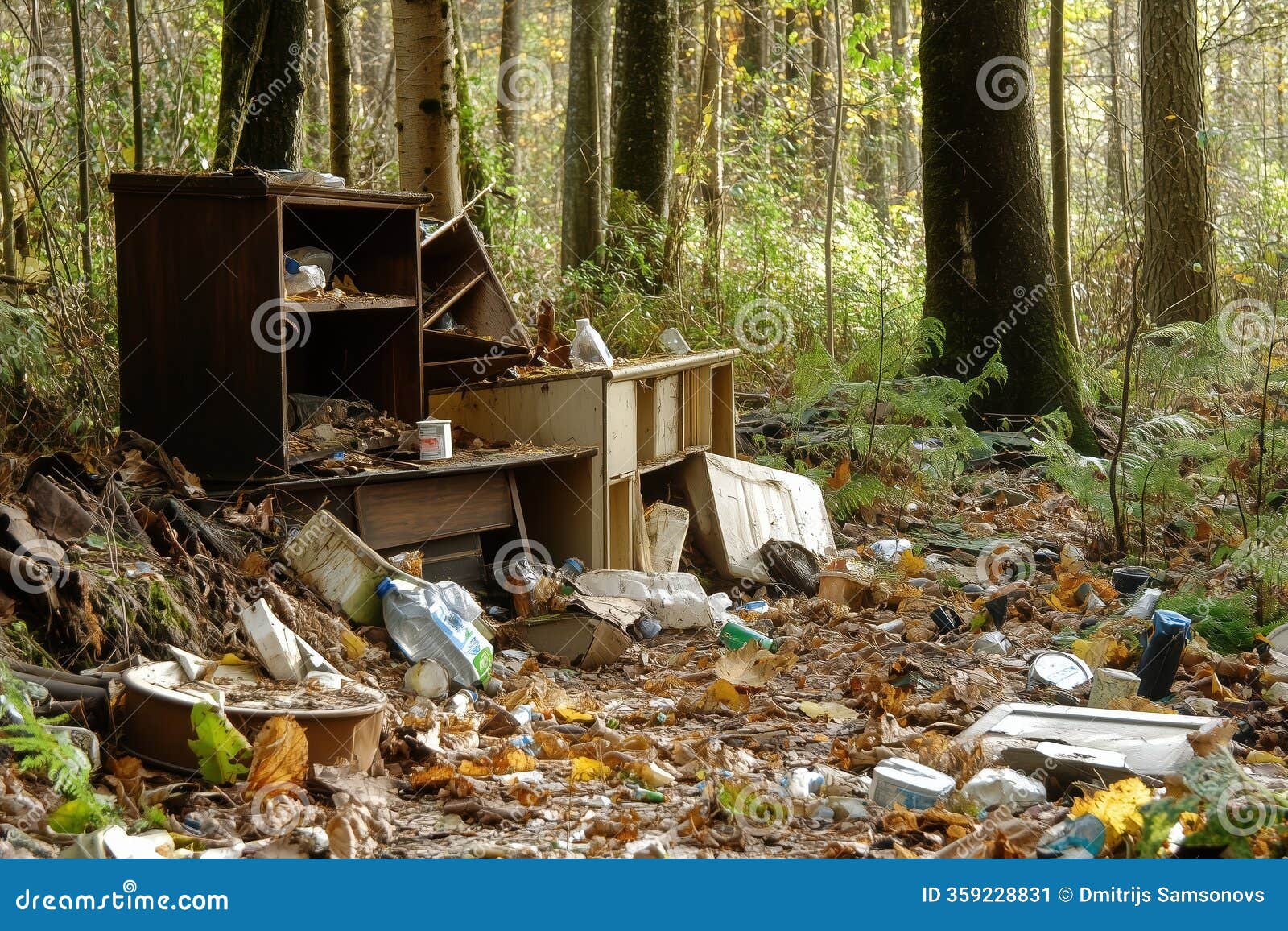 Polluted Forest with Scattered Garbage, Plastic Waste, and Abandoned ...