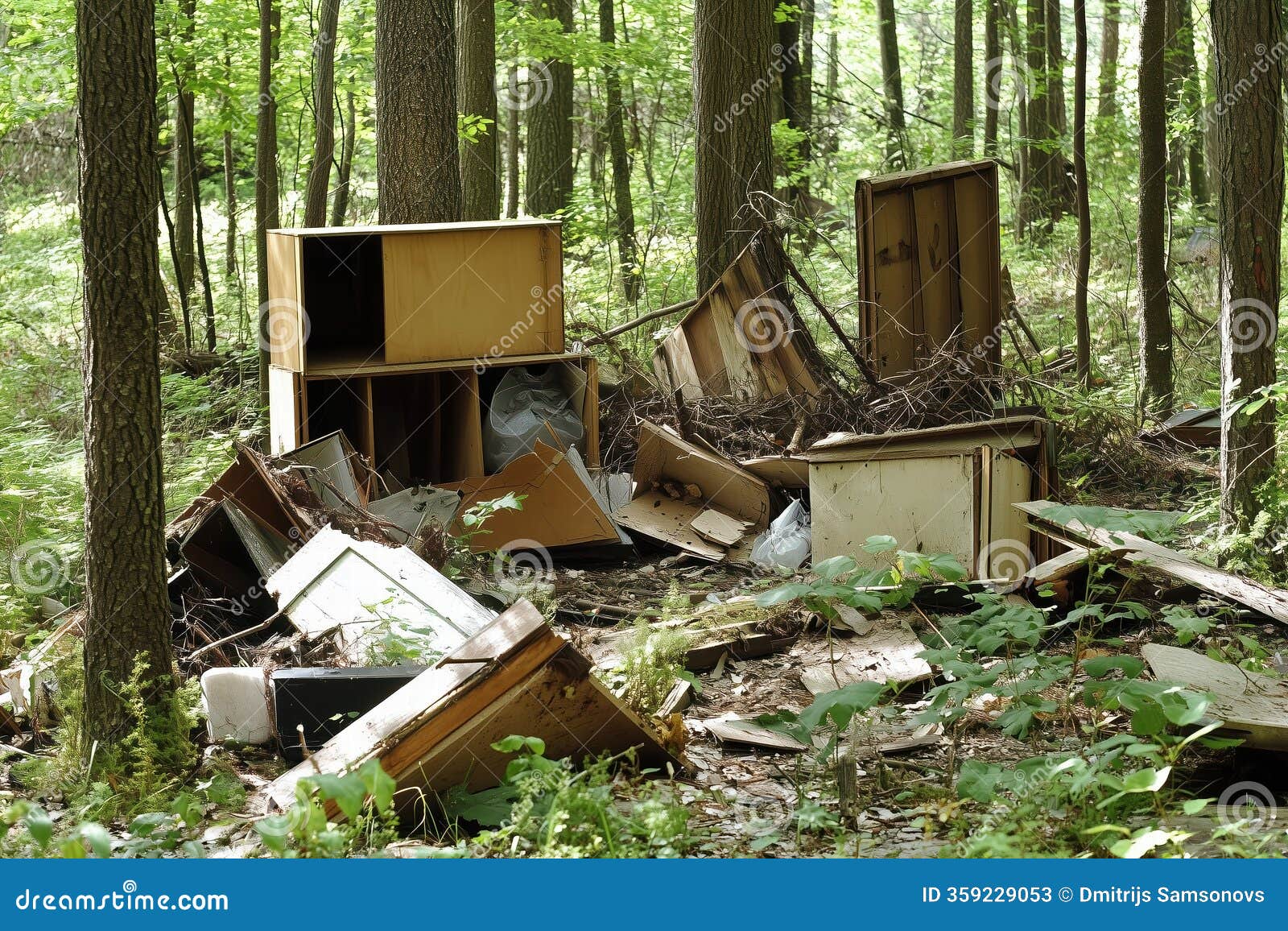 Polluted Forest with Scattered Garbage, Plastic Waste, and Abandoned ...
