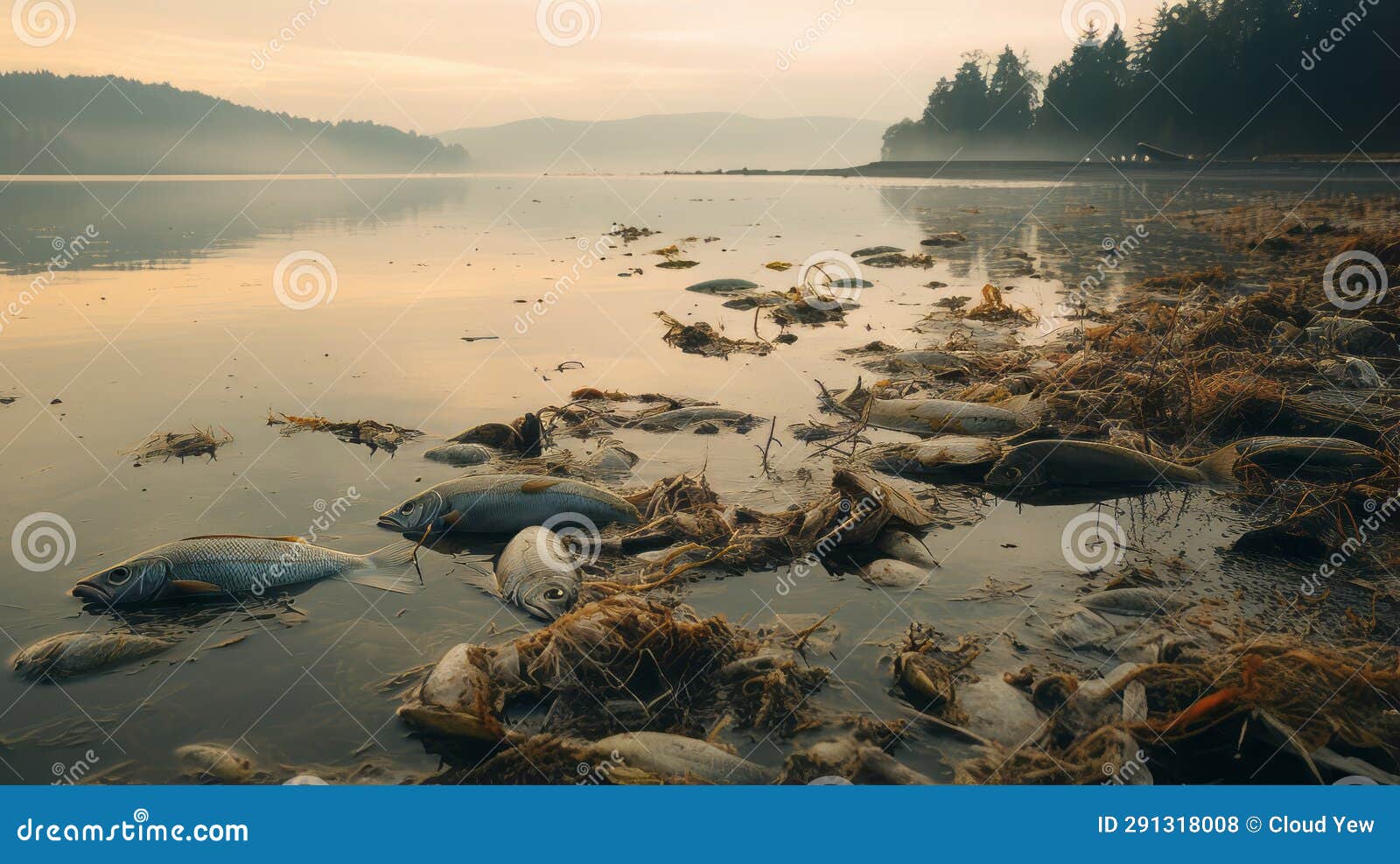 Polluted Lake with Dead Fish Washing Ashore Stock Illustration ...
