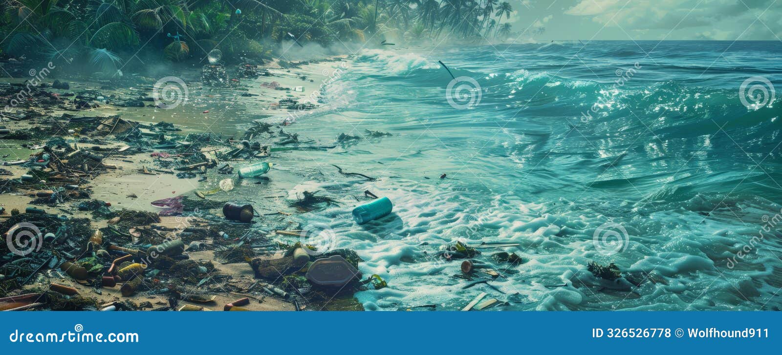 A Polluted Ocean With A Beach Covered In Washed-up Garbage. The Upper ...