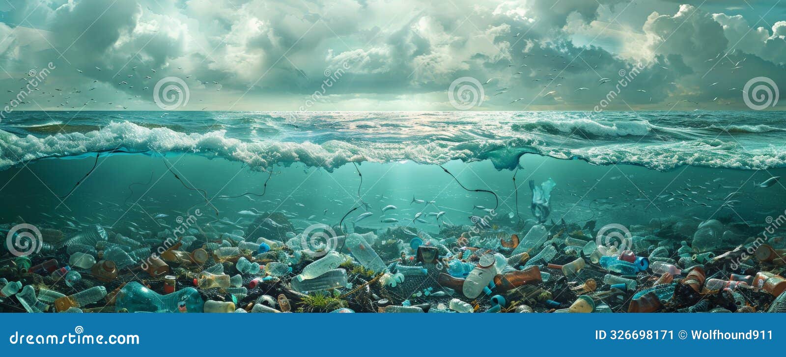 A Polluted Ocean With A Beach Covered In Washed-up Garbage. The Upper ...