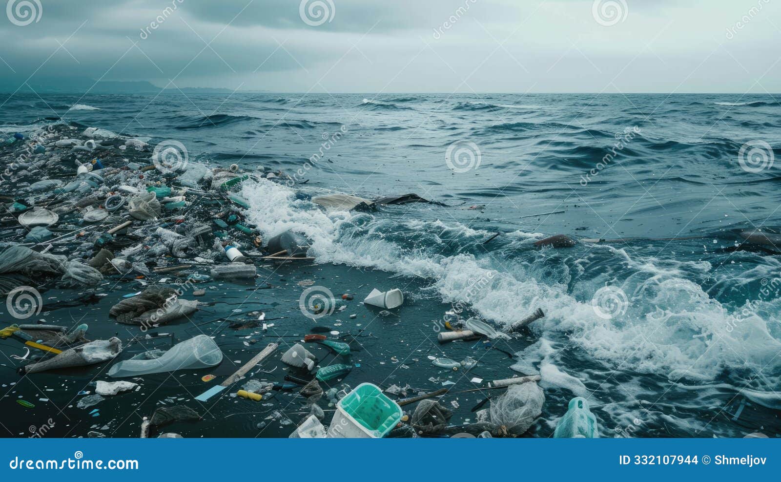 A Polluted Ocean Scene With A Turtle Tangled In Plastic Waste ...