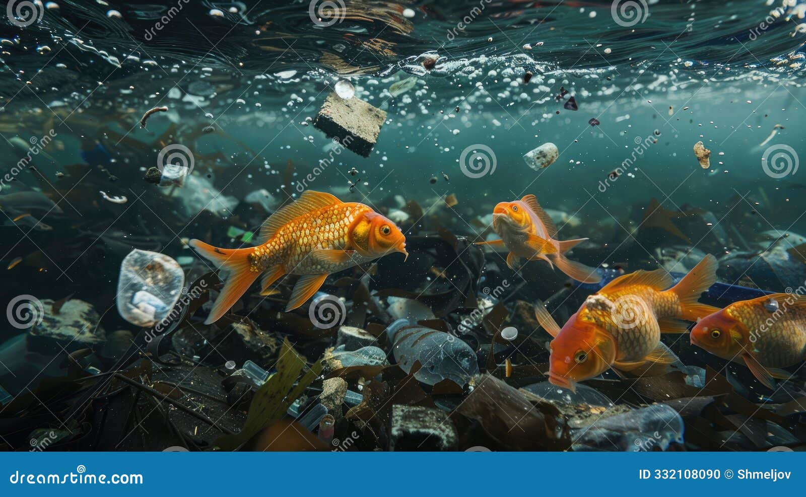 A Polluted Ocean Scene With A Turtle Tangled In Plastic Waste ...