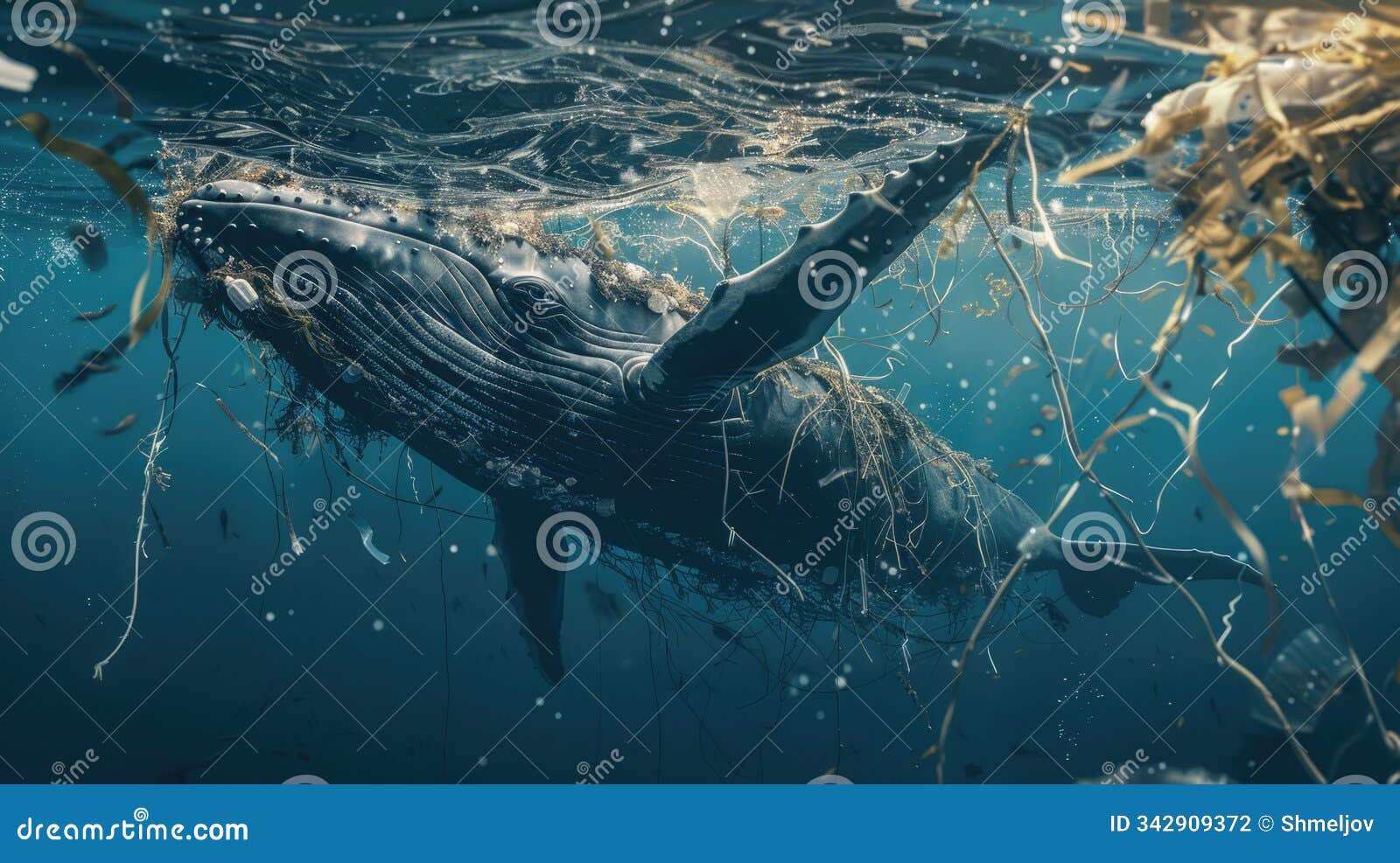 A Polluted Ocean Scene With A Turtle Tangled In Plastic Waste ...