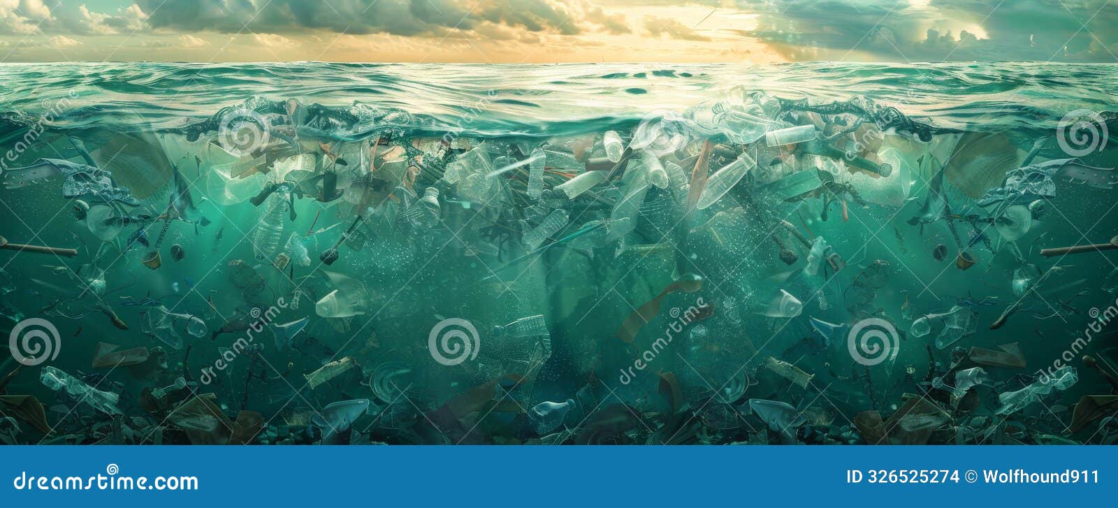 A Polluted Ocean Scene with Plastic Waste Floating among the Waves ...