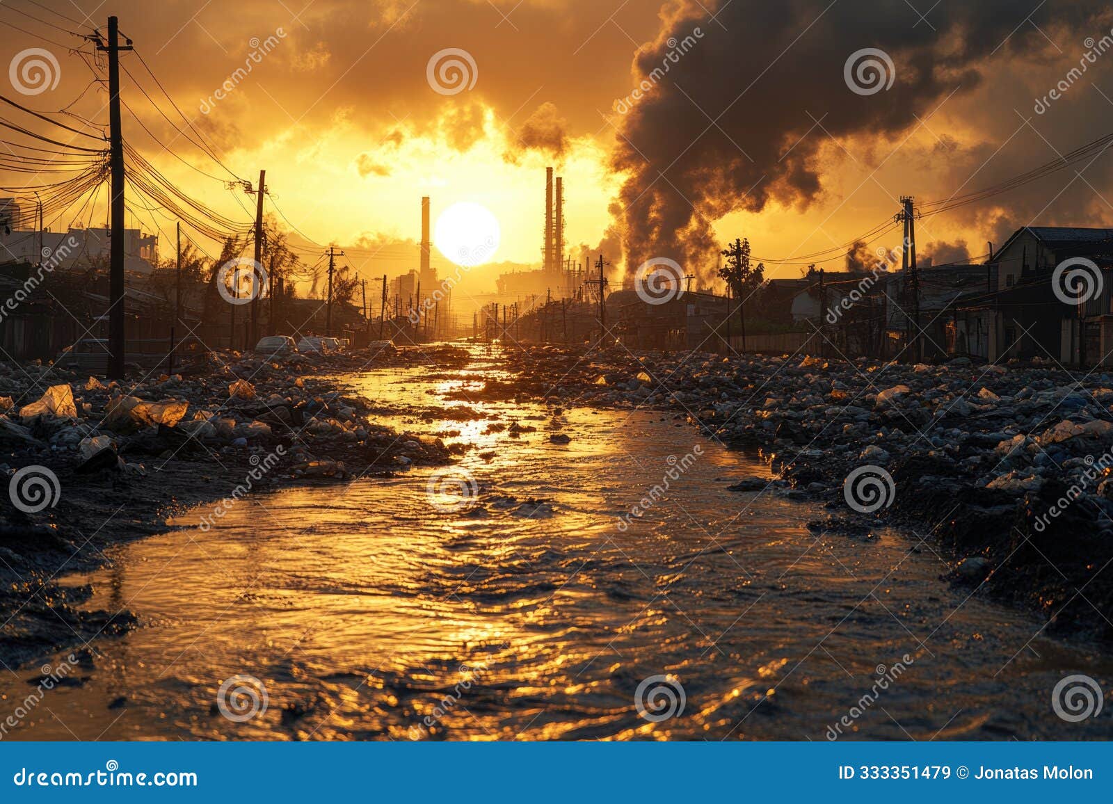 A Polluted River Choked with Plastic Flows Beneath a Cloudy Sky Amidst ...