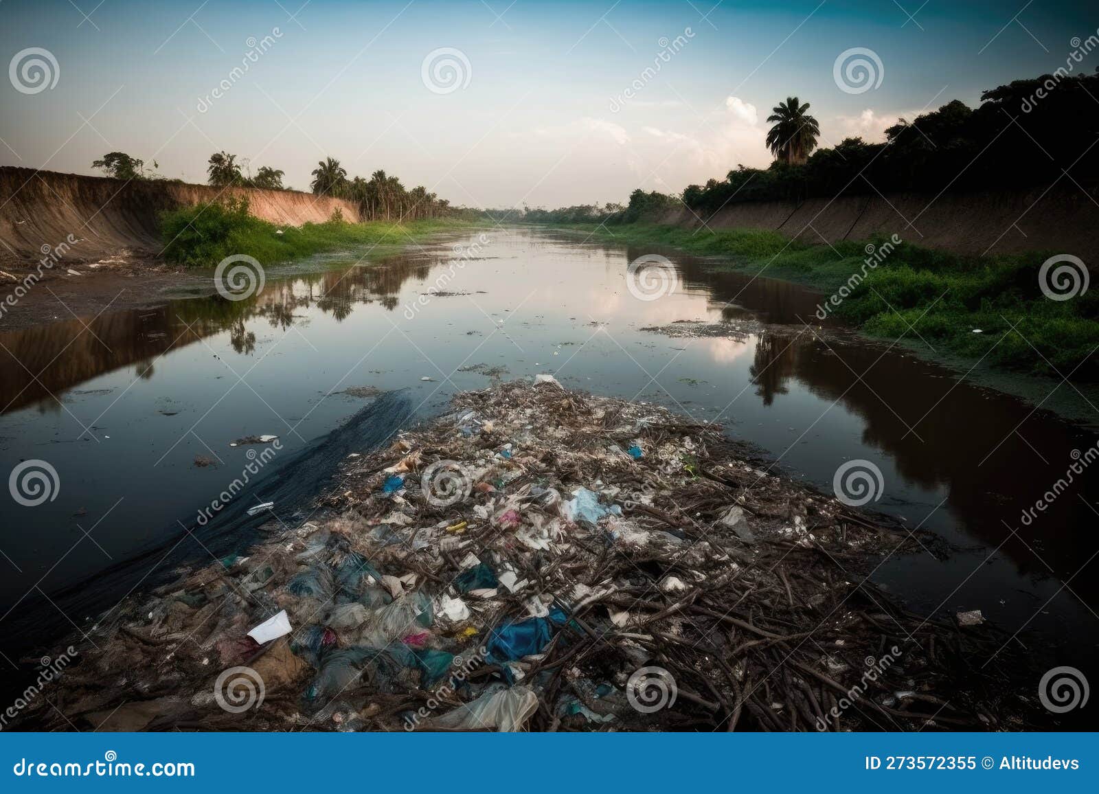 Polluted River, with Debris and Trash Floating Downstream Stock ...