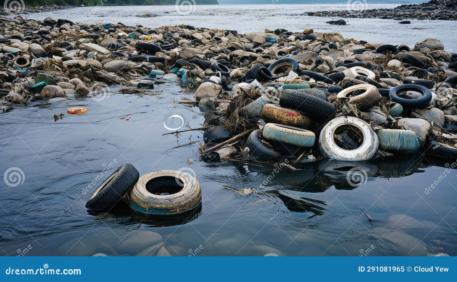Polluted River with Discarded Tires Stock Illustration - Illustration ...