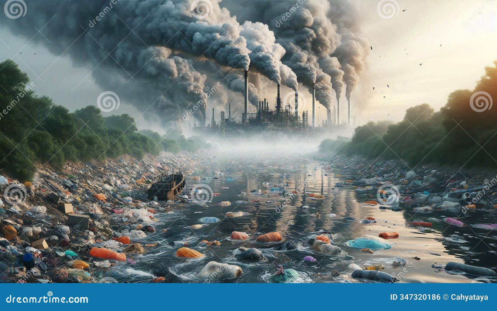Polluted River With Floating Debris And Smoke In The Background Royalty ...