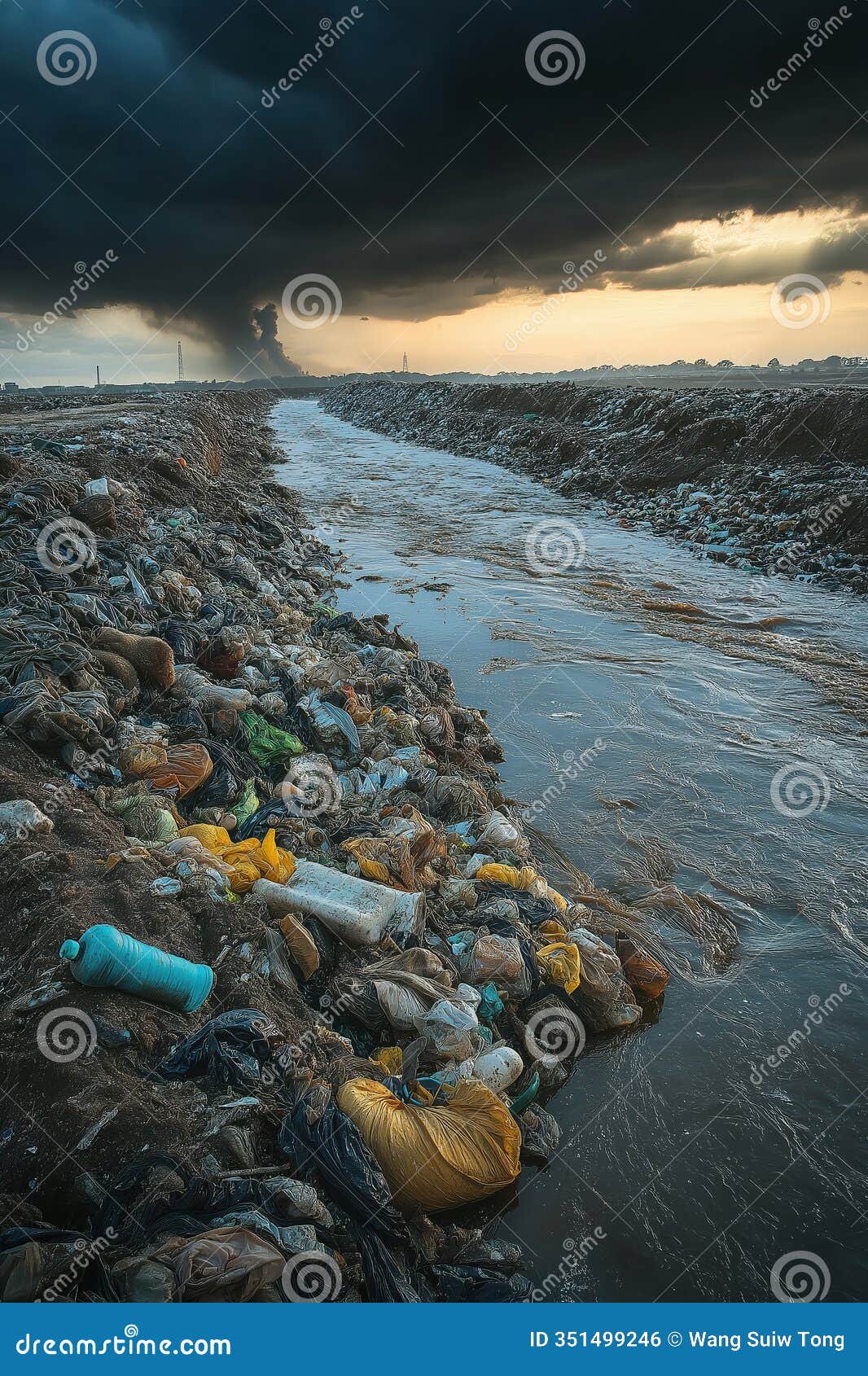 Polluted River Flowing through Garbage Dump at Sunset Stock ...