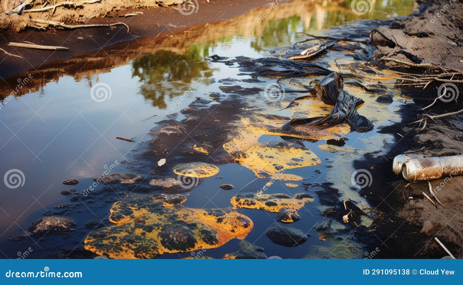 Polluted River with Oil Slicks on the Water S Surface Stock ...