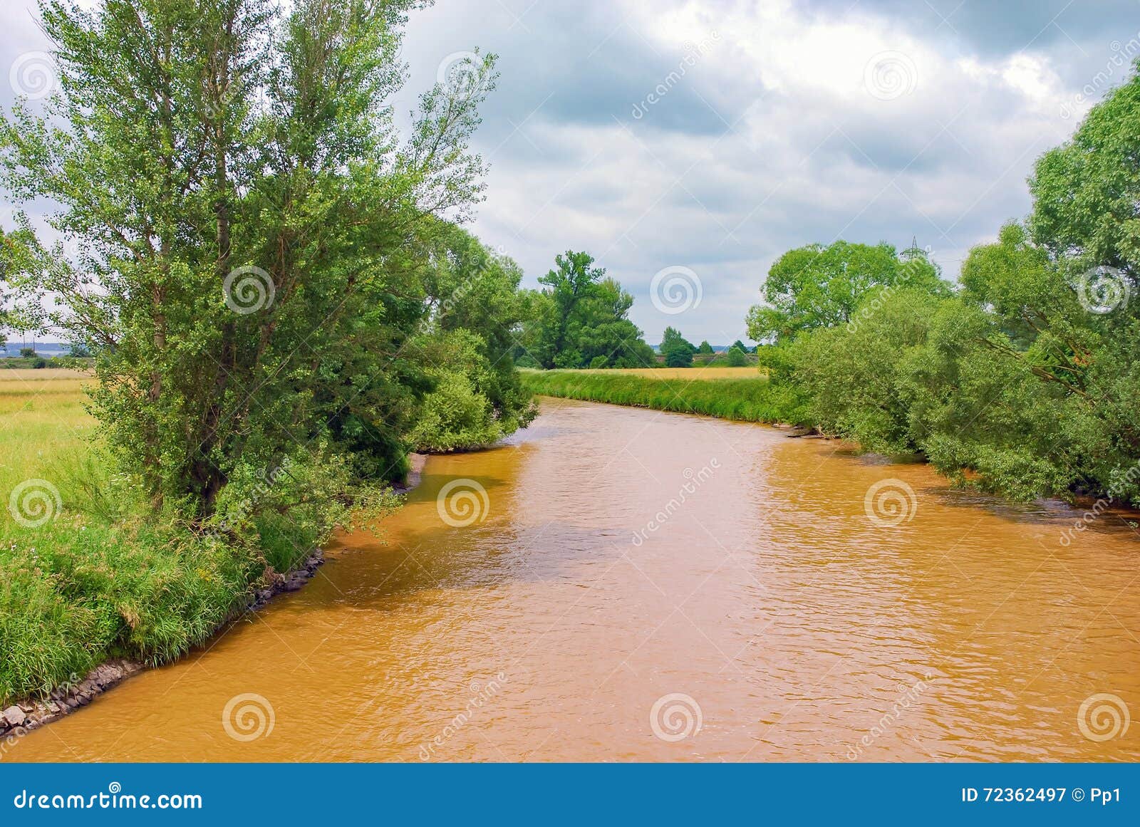 Polluted River Orange Green Trees Countryside Stock Image - Image of ...