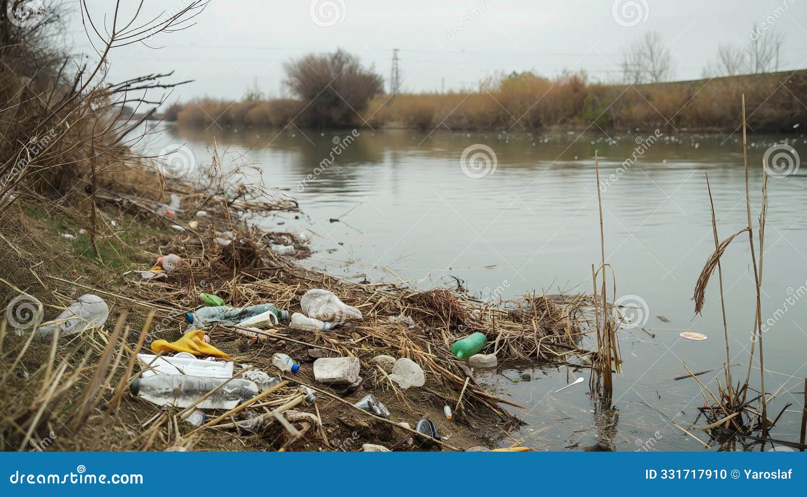 Polluted River with Plastic Bottles and Trash Under Cloudy Skies ...