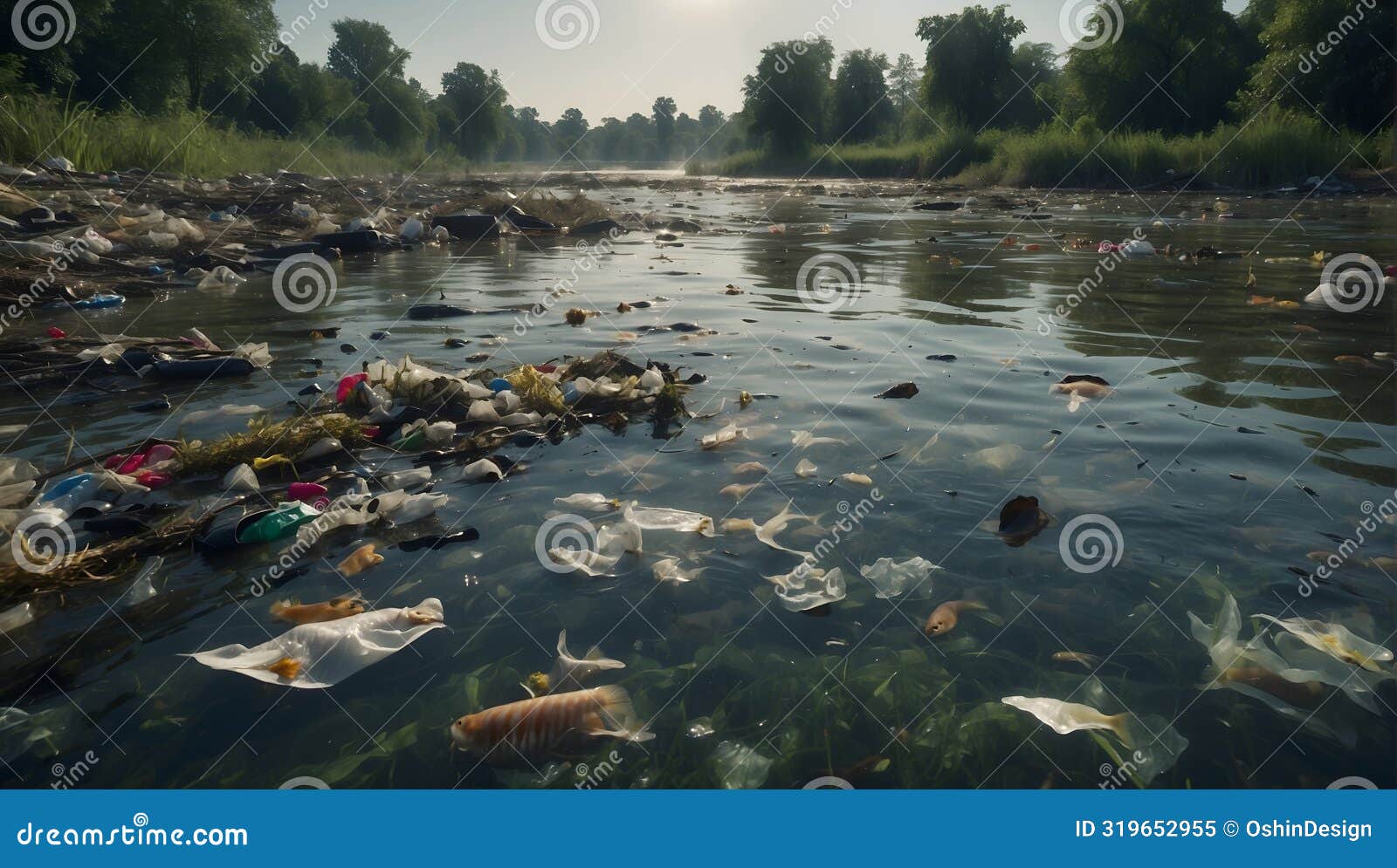 A Polluted River Scene with Garbage Floating on the Surface, Dead Fish ...
