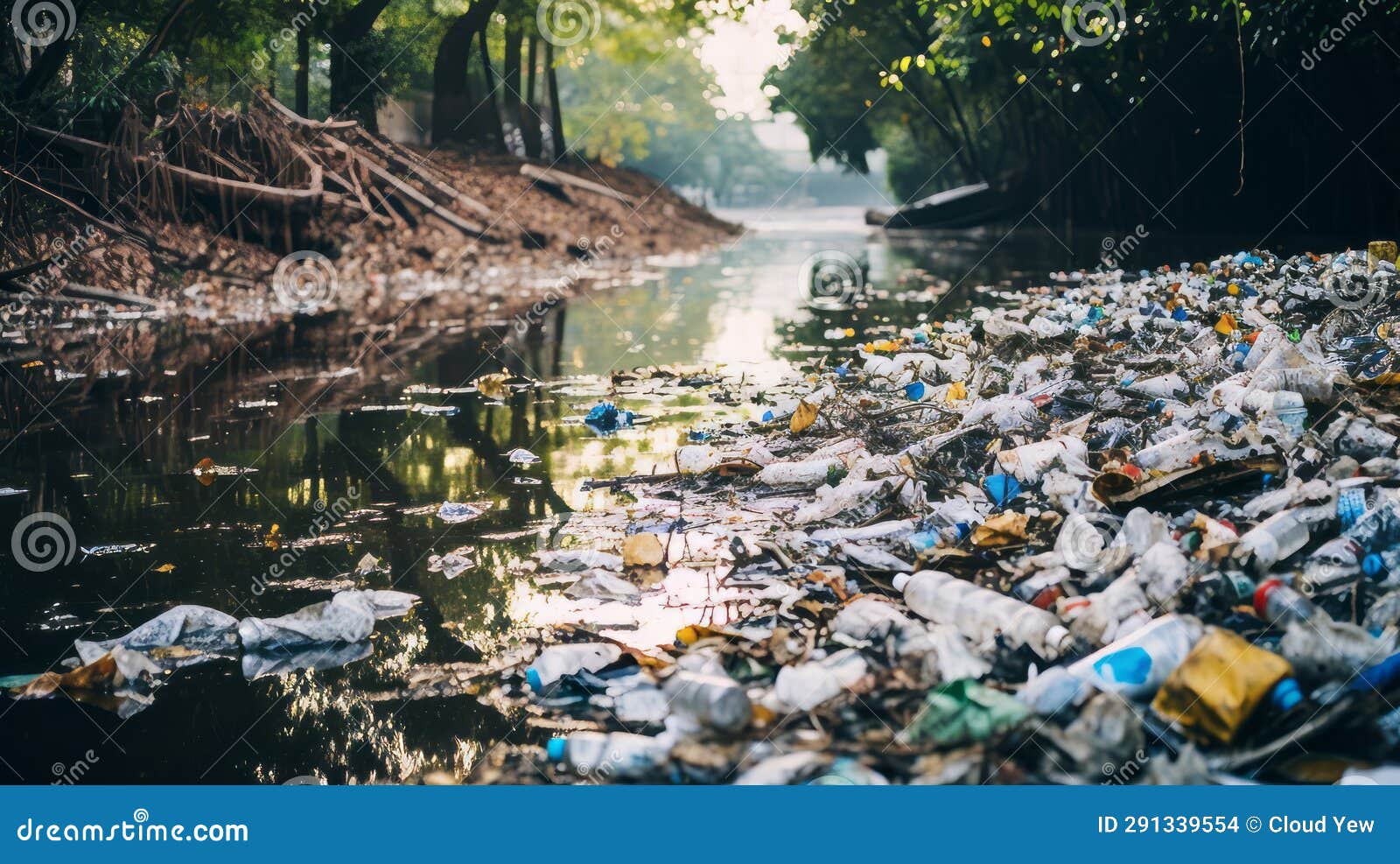 Polluted River with Trash and Debris Floating on the Surface Stock ...