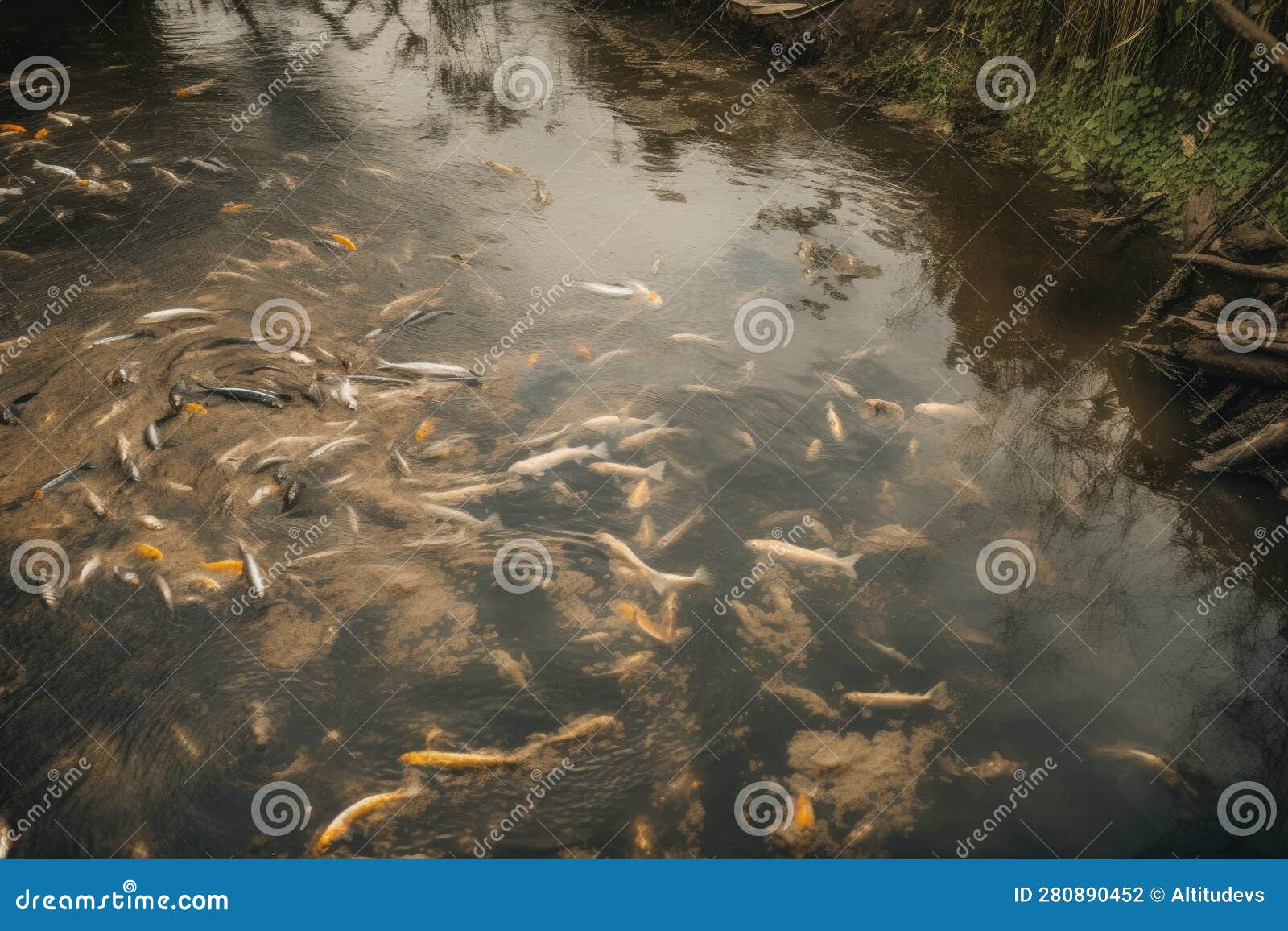 Polluted Stream of Murky Water, with Dead Fish Floating on the Surface ...