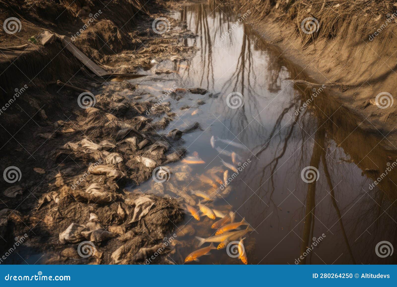 Polluted Stream of Murky Water, with Dead Fish Floating on the Surface ...