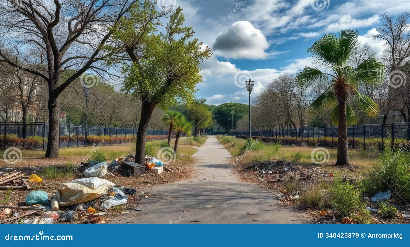 A Polluted Urban Park with Trash Lining the Pathways Dead Trees and ...